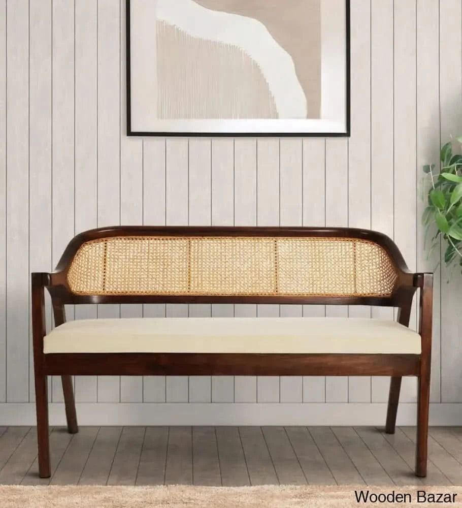 Laney Modern Solid Teak Wood Rattan Cane Bench In Ivory Clor - Wooden