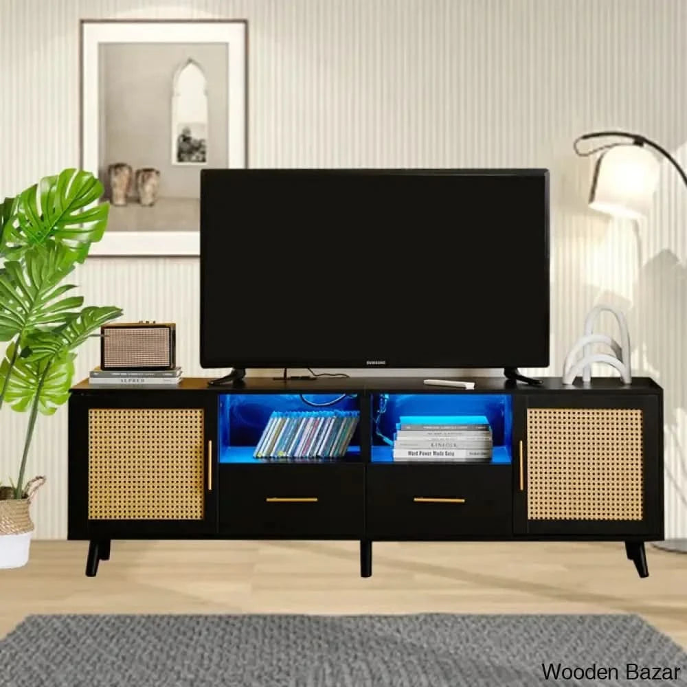 Modern Large TV Stand with LED Lighting, Charging Station, and Rattan