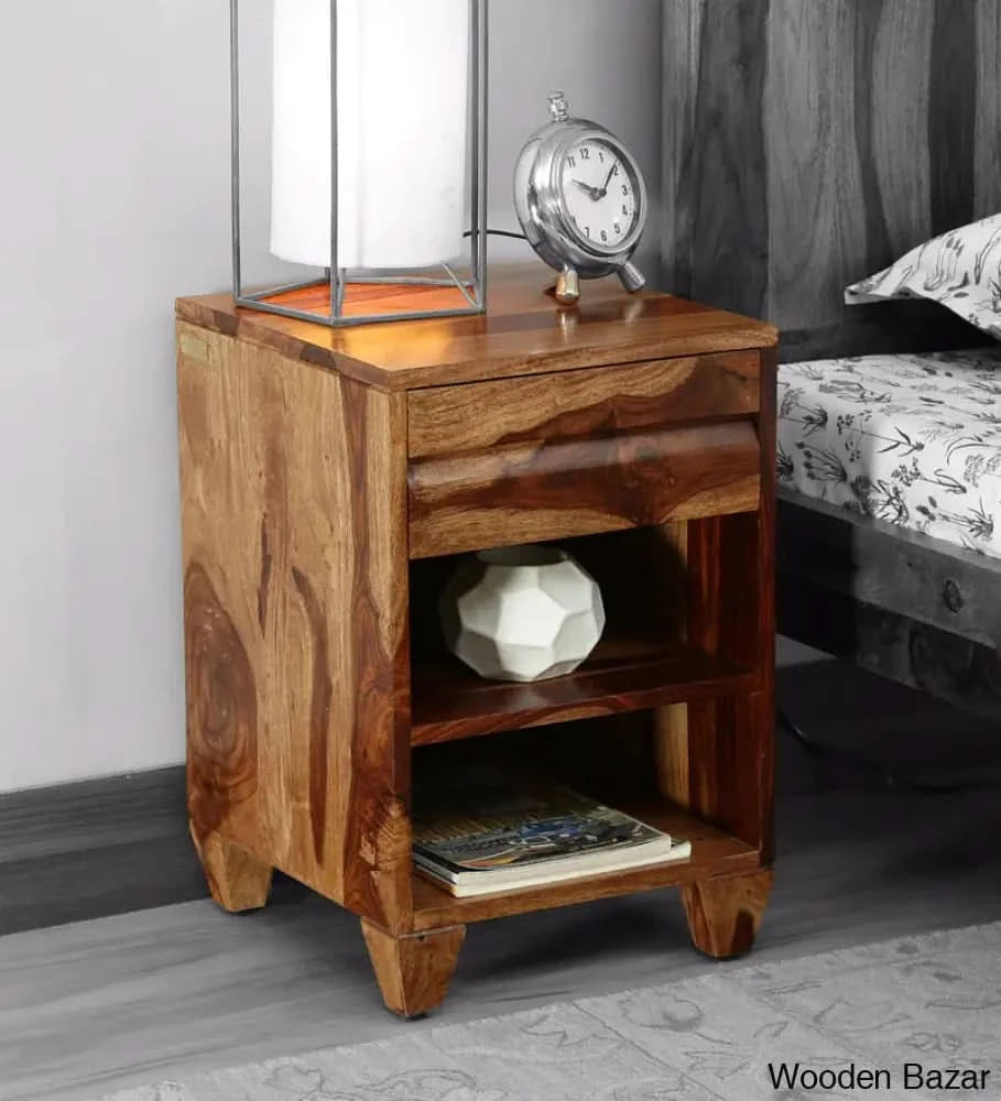 Wooden Solid Wood Bedside Table In Rustic Teak Finish